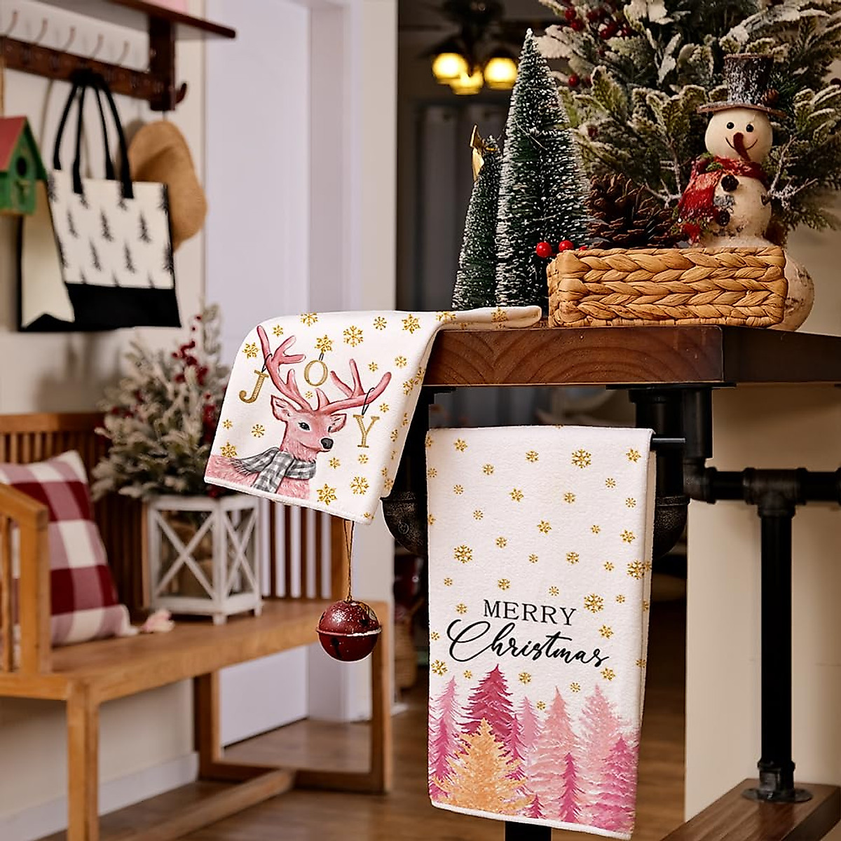 ARKENY Christmas Kitchen Towels Set of 2,Pink Xmas Tree Merry Christmas Dish Towels 18x26 Inch,Hoilday Farmhouse Home Decoration AD105