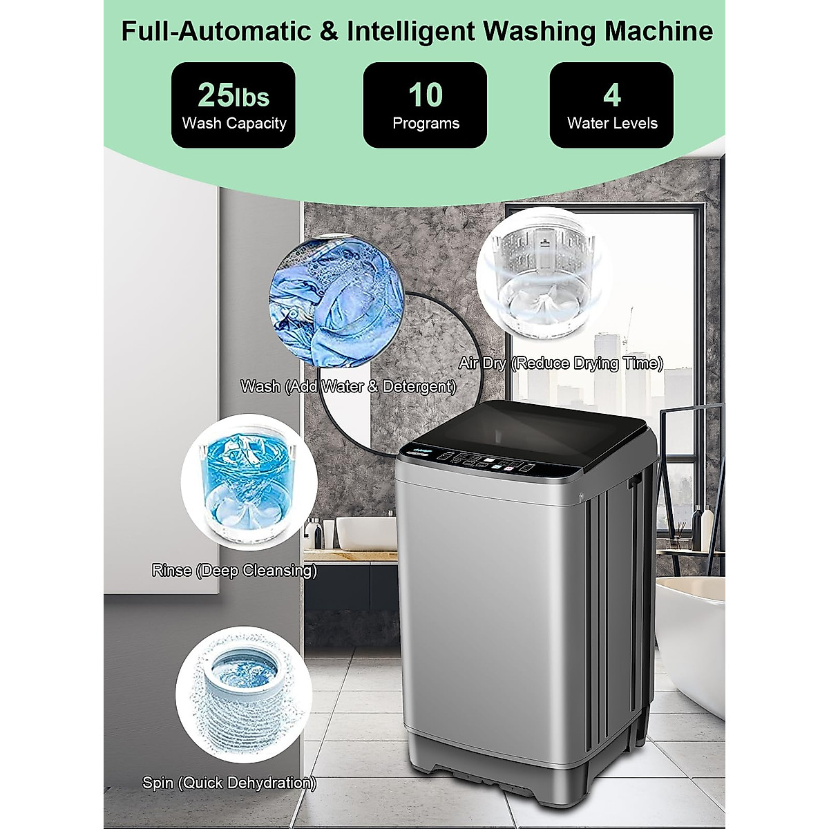 KRIB BLING 25 lbs Full Automatic Washing Machine with LED Display Compact Washing Machine with Drain Dump, 10 Wash Programs and 8 Water Levels Ideal for Dorms, Apartments, RV, Grey