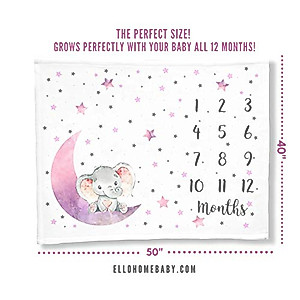 Elephant Baby Milestone Blanket Headband, Month Marker, Newborn Photography Background Mat Photo Prop, Calendar Growth Tracker Chart, I Love You to The Moon and Back Stars Nursery (Pink, Minky 50x40)