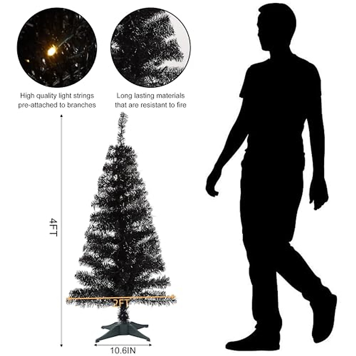 Juegoal Lighted Artificial Halloween Christmas Tree, Pre-lit 4 FT Black Tinsel Xmas Pine Trees, Light up with 70 LED Lights Battery Powered, 8 Modes & Timer for Home Office Party Decorations