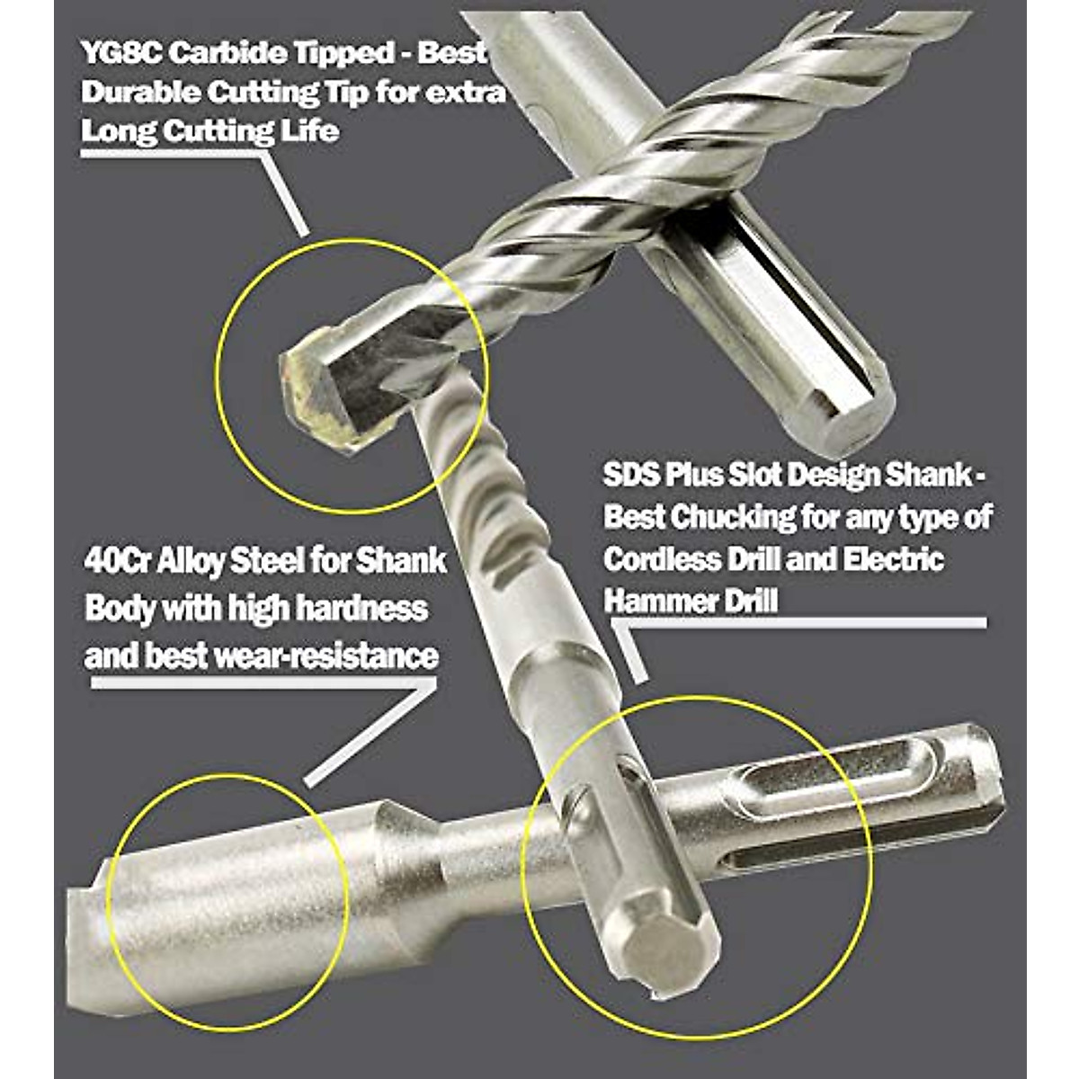 SDS Plus Hammer Drill Bit Set 1/4 in. x 6 in. Masonry Concrete Rock Drill-10Pcs