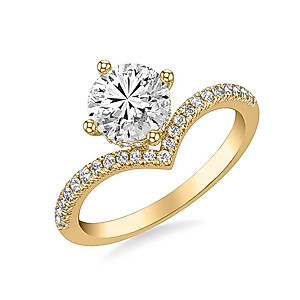 1 Carat Round Cut Moissanite Engagement Ring for Women, 14k Yellow Gold Brilliant Pavé V Shaped Wedding Promise Ring Anniversary Christmas Gift for Her Free Engraved