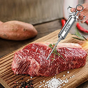 AKPE Meat Injector, Stainless Steel Marinade injector Syringe for BBQ Grill and Turkey, 2 Ounce Syringe with 3 Needles, Easy to Use and Clean (Without Case)