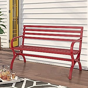 Sophia & William Outdoor Garden Bench Patio Park Bench, Metal Steel Frame Furniture with Backrest and Armrests for Porch Yard Lawn Deck, Red