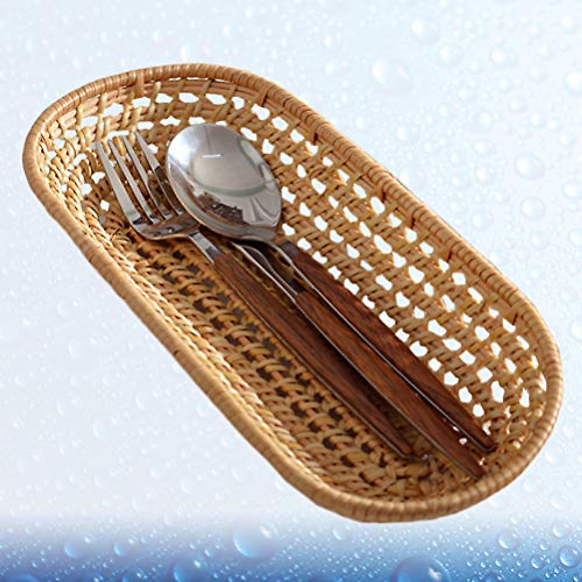 Cabilock Autumn Rattan Flatware Tray Basket Kitchen Cutlery Holder Stand Handmade Knitting Plate-basket Tableware Organizer Khaki (Size L 12 cm)