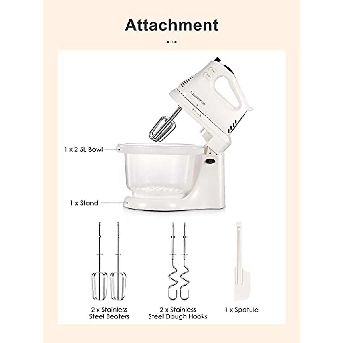2 in 1 Hand Mixers Kitchen Electric Stand mixer with bowl 3 Quart, electric mixer handheld for Everyday Use, Dough Hooks & Mixer Beaters for Frosting, Meringues & More