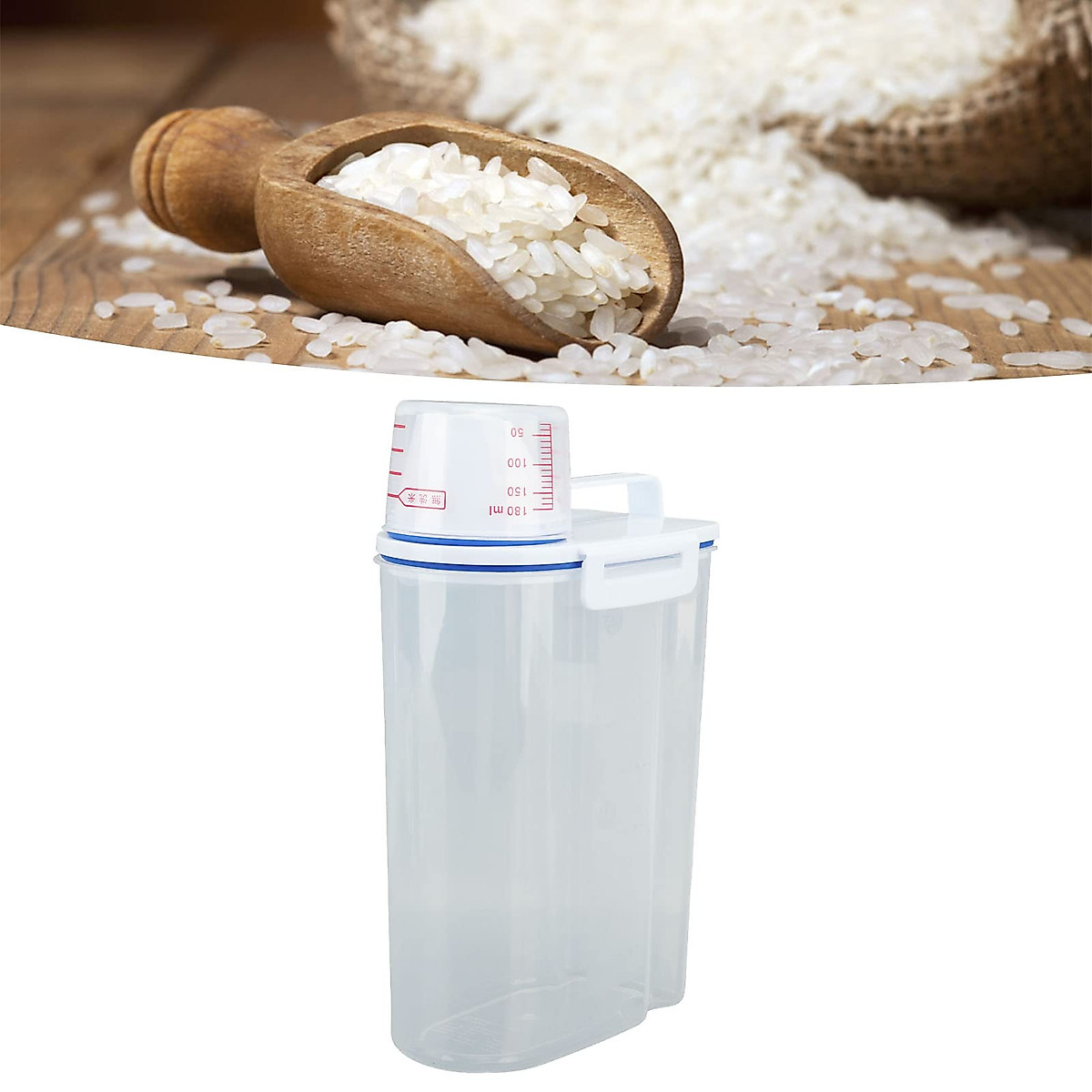Rice Storage Container, Plastic Rice Dispenser Bin with Measuring Cup, Airtight Grain Dispenser with Claer Scale, Clear Kitchen Food Dispenser for Rice, Beans, Grains, Small Dry Food(2kg White)