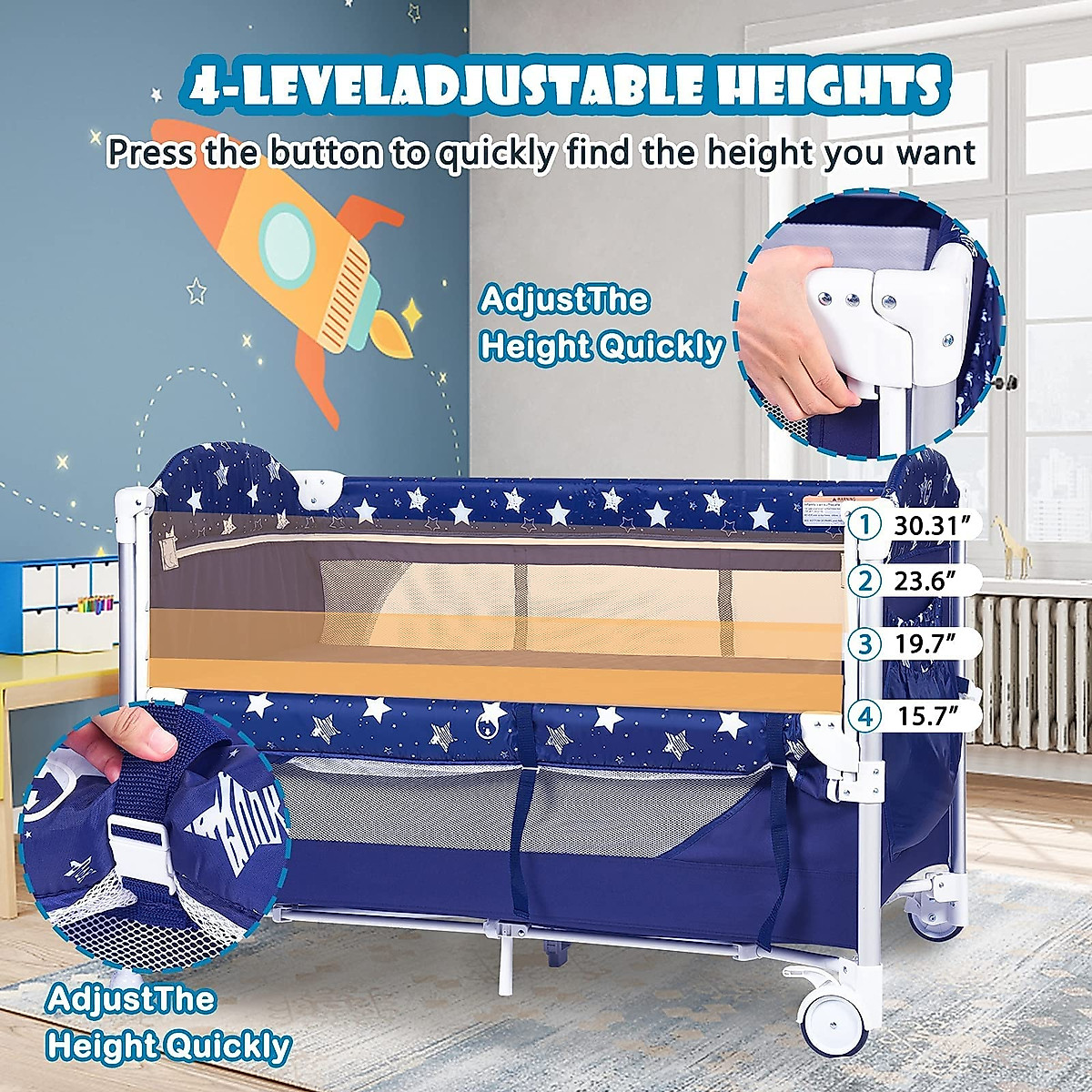 Heyo.Ja Baby Bassinet Bedside Crib, Portable Playard 4 in 1 Convertible Pack and Play with Mattress, Foldable Travel Crib for Girls Boys Infant Newborn (Navy)