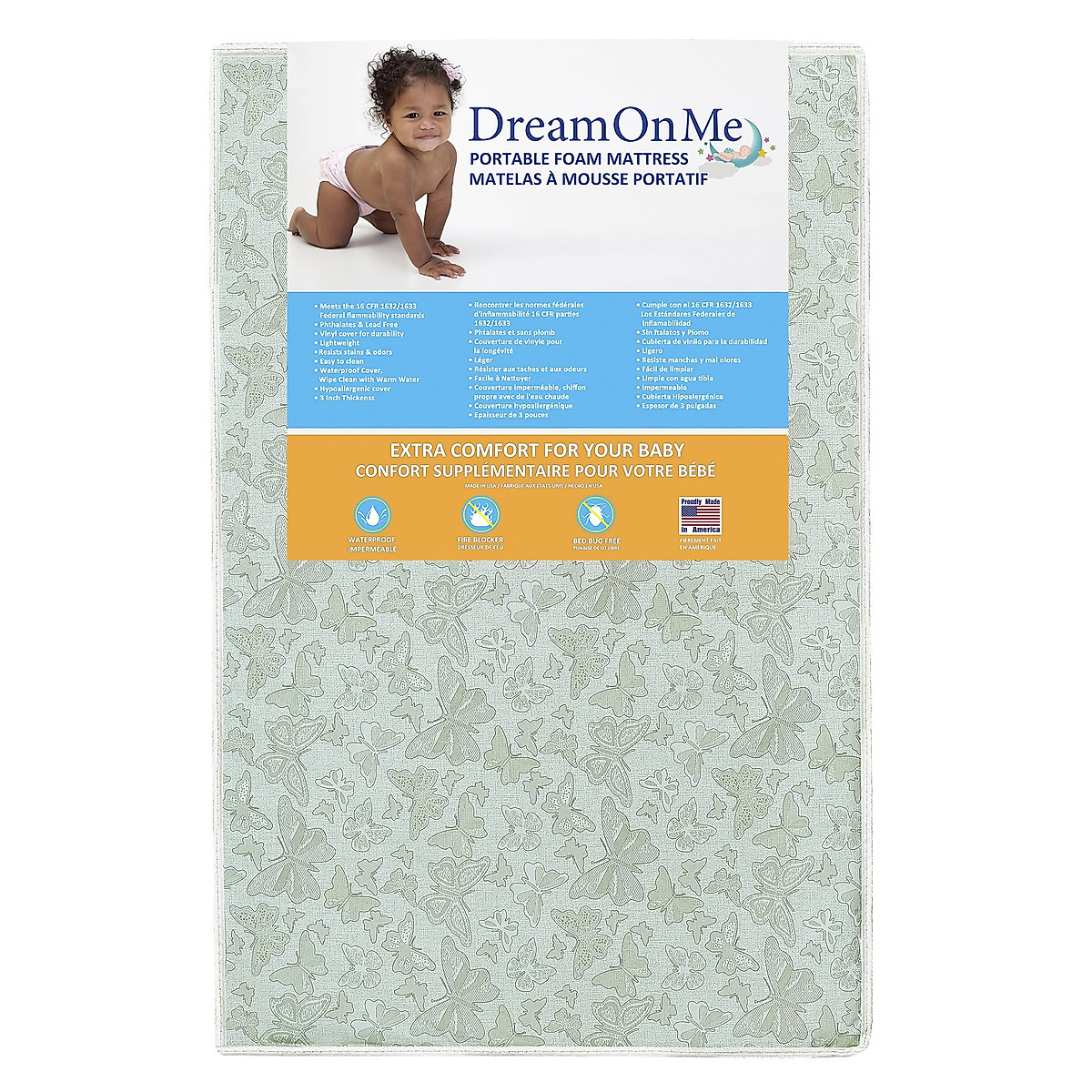 Dream On Me Butterfly 3” Two-Sided Fiber Portable/Mini Crib Mattress, Greenguard Gold Certified, Waterproof Dual-Sided Mattress, Vinyl Cover