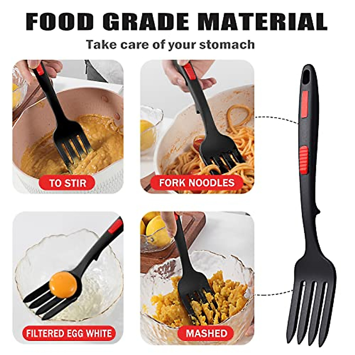 2PCS Silicone Flexible Fork, Heat-Resistant Cooking Fork Tools Dishwasher Safe Kitchen Fork Kitchen Non Stick Fork for Bake and Stir Mix Ingredients, Whisk Eggs (Black, Red)