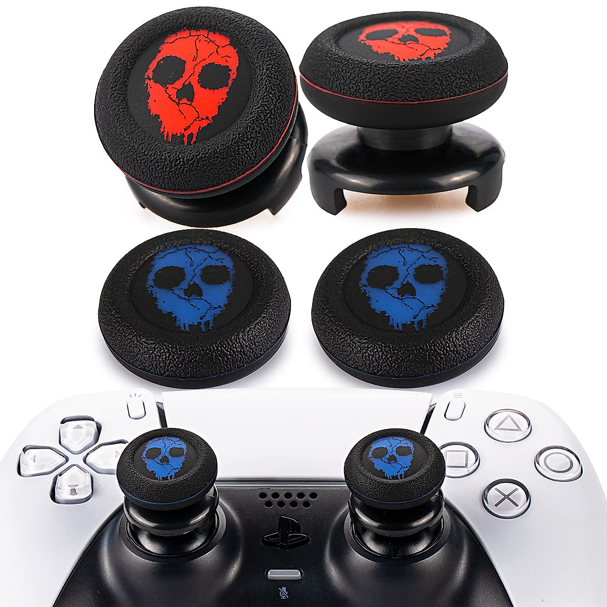 Playrealm FPS Thumbstick Extender x 2 & Printing Rubber Silicone Grip Cover x 4 for PS5 Dualsenese & PS4 Controller (Ghost Red & Blue)