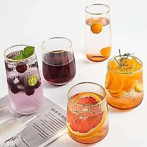 Lysenn Stemless Wine Glasses Set of 4 - Premium Hand Blown Drinking Glasses for White and Red Wine - Elegant Vertical Stripe and Gold Rim Design - Clear 15oz