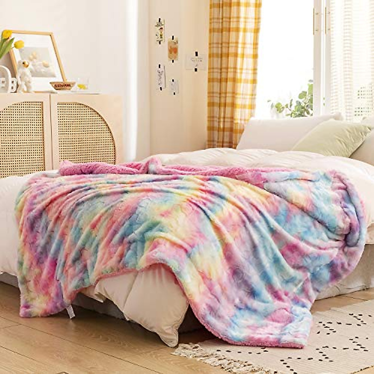 NEWCOSPLAY Super Soft Faux Fur Throw Blanket Premium Sherpa Backing Warm and Cozy Throw Decorative for Bedroom Sofa Floor (Dark Rainbow, Throw(50"x60"))