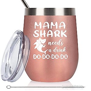 SELPONT om Daughter Son, Mommy Birthday Gifts for Mom, Funny Mothers Day Gifts for Wife Momma New Mama Shark Needs Wine Tumbler with Sayings Lid Straw Mom Gifts Christmas 12oz Rose Gold