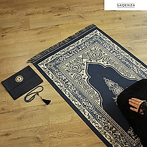 SAQENZA Muslim Prayer Rug - Prayer Mat with Travel Bag, Prayer Beads - Muslim Gifts - Ramadan Gifts for Men, Women and Kids - Islamic Gifts (Darkblue-2)
