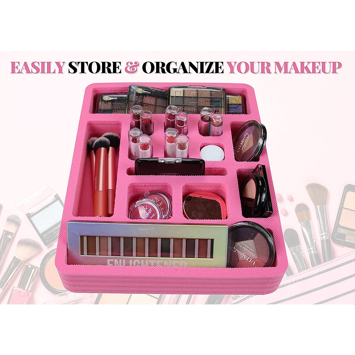 Polar Whale 2 Makeup Pink Drawer Organizers Tray Washable Waterproof Durable Foam Insert for Home Bathroom Bedroom Office 11.5 x 14.5 Inches 14 Compartments for Lipstick Eyeliner Cosmetics and More