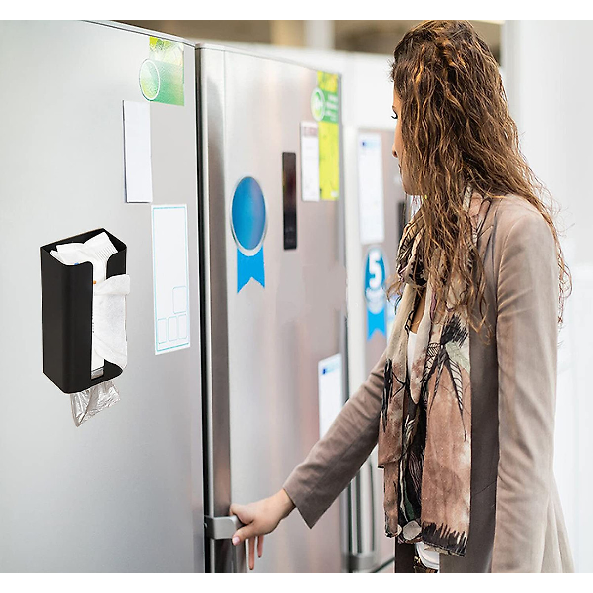 Magnetic Suction Plastic Bag Holder - Grocery Bag Dispenser - Wide Opening Plastic Bag Tissue Storage Device Without Installation - Fingerprint Resistant (Black)