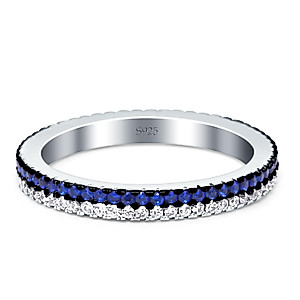 3mm Full Eternity Stackable Thin Blue Line Band Ring Round Simulated Sapphire CZ 925 Sterling Silver, Size-8