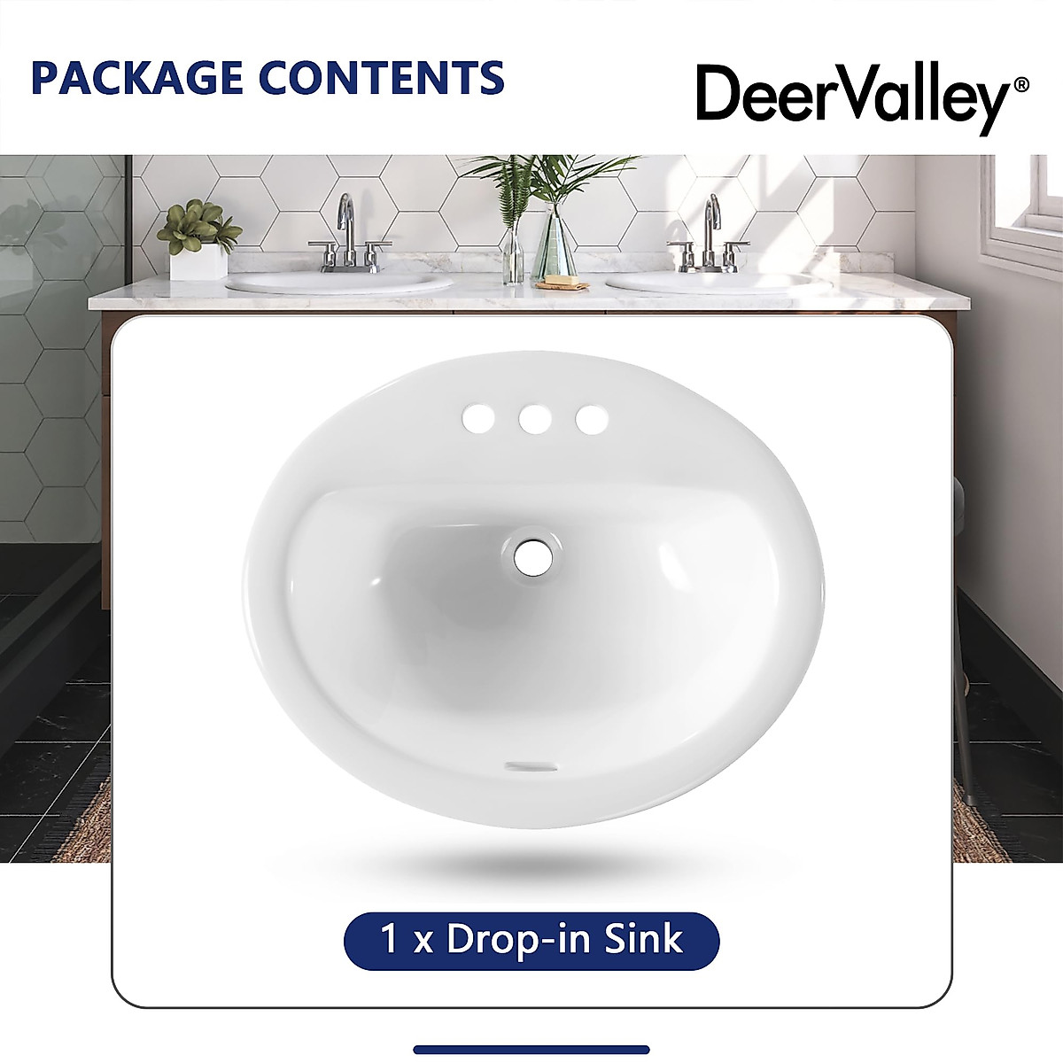 Bathroom Vessel Sink, DeerValley, 20”x17” Oval Ceramic Drop-in Sink for Bathroom White Vessel Sink Modern Art Basin Bathroom Sink with Overflow and Three Faucet Holes at 1.25”, DV-1DS0120