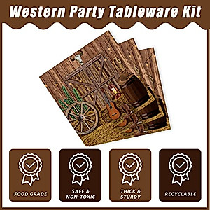 Kepeel 96 Pcs Western Party Plates, Western Cowboy Birthday Party Decorations Supplies Rustic Wild West Birthday Party Paper Plates Napkins Wooden House Barn Door Baby Shower Tableware, Serves 24