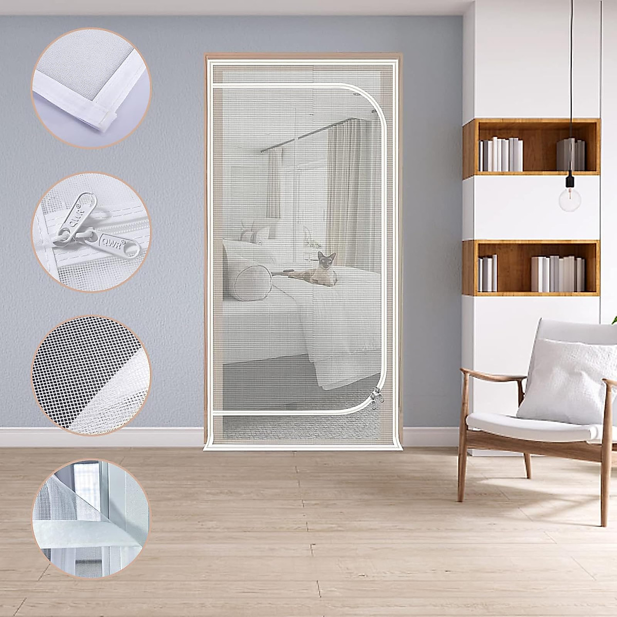 Upgraded Pet Screen Door Fits Doors Up to 36"x84",Heavy Duty Cat Proof Mesh Screen Door with Zipper Closure,Prevent Cats Running Out from Home,Bedroom,Living Room,Kitchen,(White)