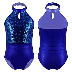 VernLan Kids Girls Sequins Sparkly Leotard Turtle Neck Ballet Dance Gym Bodysuit Jumpsuit Performance Costumes Royal Blue 8 Years