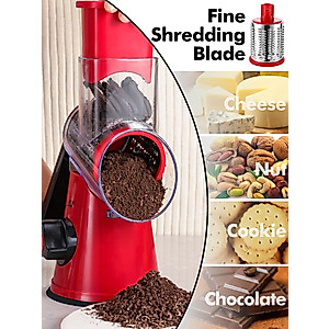 LucGee Rotary Cheese Grater with Handle - 3 in 1 Cheese Shredder Rotary Grater Stainless Steel Handheld, Vegetable Slicer for Fruit, Cheese, Nuts(Red)