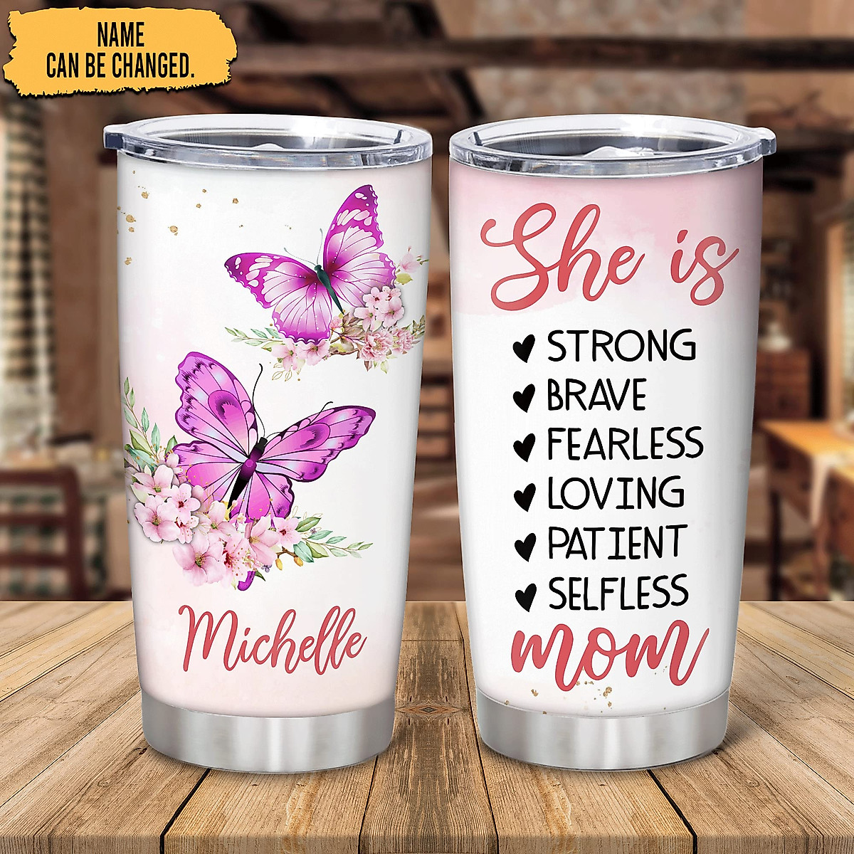 Hyturtle Personalized Gifts For Butterfly Lover - Birthday Christmas - She Is Mom Butterflies Print Custom Name Stainless Steel Tumbler 20oz With Lid - Gifts For Her Women Girl Friend Mom