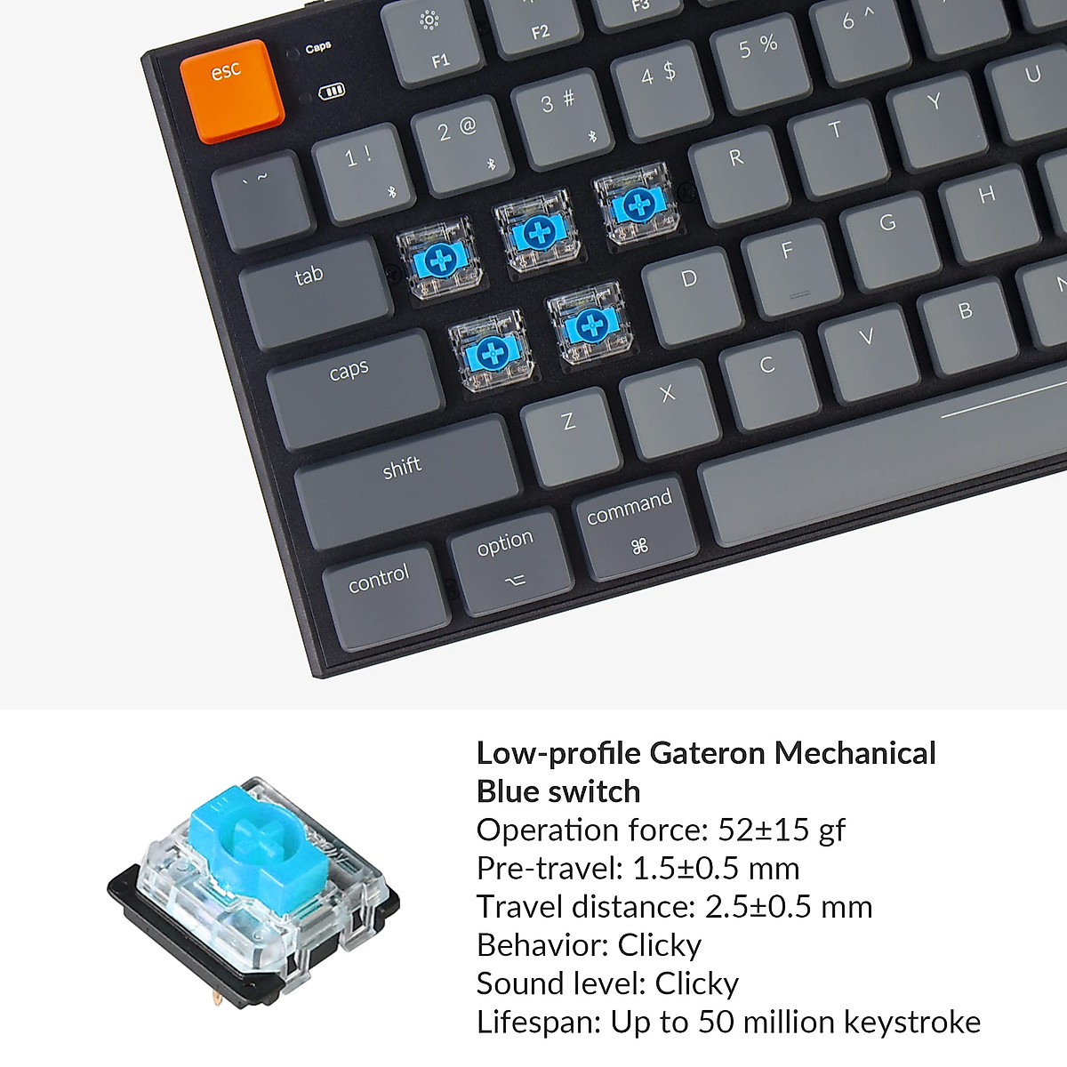 Keychron K1, Tenkeyless Layout 87 Keys Ultra-Slim Bluetooth Wireless/USB Wired Mechanical Gaming Keyboard with Low-Profile Gateron Blue Switch White LED Backlit Compatible with Mac Windows-Version 5