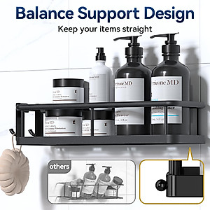 YASONIC Shower Caddy Adhesive, No Drill Bathroom Shower Organizers, with Removable Hooks, Rust Proof Shower Shelves, Wall-Mounted Shower Holder, Black, 2 Pack