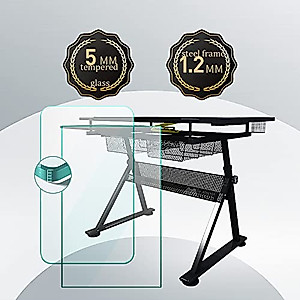 VejiA Drawing Table, Height/Angle Adjustable Drawing Desk Craft Station Drafting Table with One Side Table, Stool and Two Drawers, Tempered Glass Top, for Painting, W