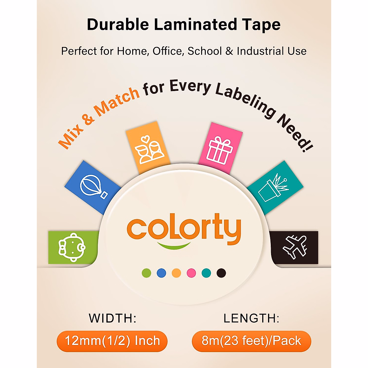 Replacement for Brother P-Touch Label Maker Tape TZe 12mm 0.47 Ribbon Laminated TZ Colored Refills Compatible with Brother P Touch PT-D210 D220 H110 1000 1280 D400 Cube, 1/2" x 26.2', 6 Pack