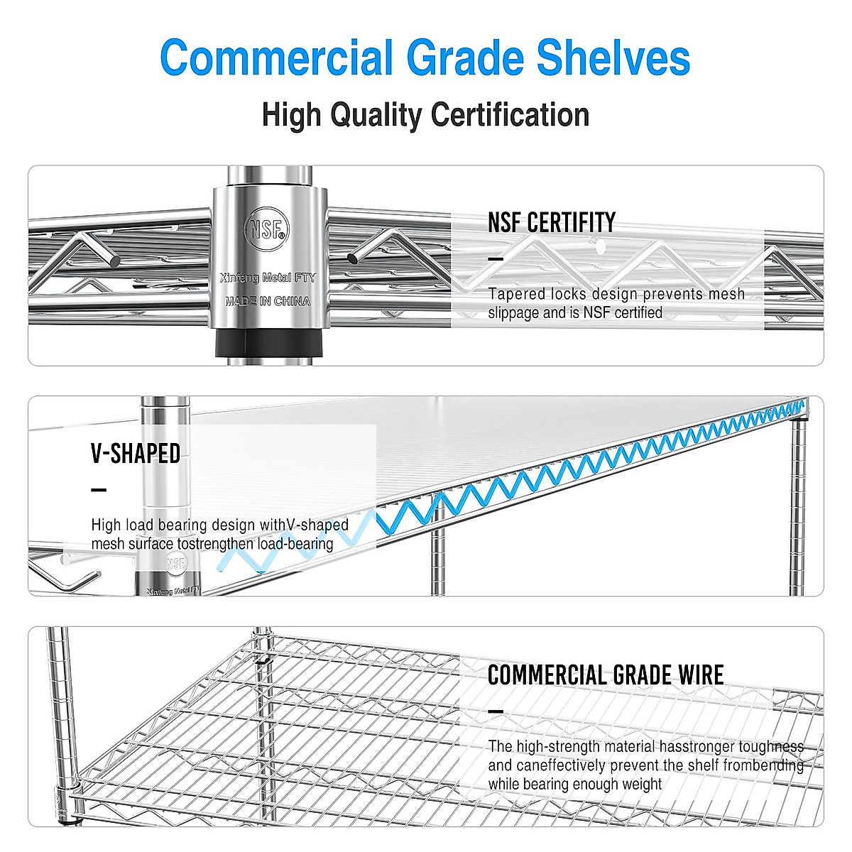 Metal Shelf Wire Shelving Unit, NSF 3 Tier 3000lbs Heavy Duty Adjustable Storage Rack with 5in Wheels and Shelf Liners and Extensible Designs Utility Storage Rack, 24"D x 72"L x 62"H - Chrome