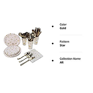 CONRADY 200 PCS Gold Star Disposable Party Dinnerware Set,25pcs Paper Plates, Dessert Plates, Paper Cups,Plastic Cutlery Set(Knives,Forks,Spoons) and 50pcs Napkins for Party Serves 25(Gold)