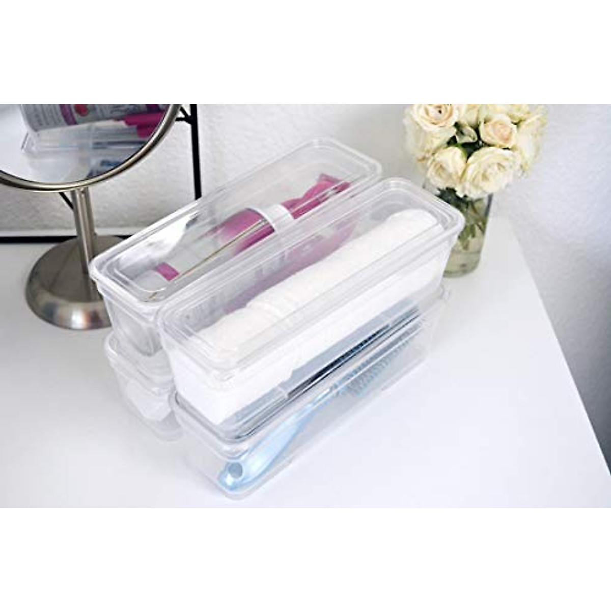 AB Designs Bin Pack, [6] Long Home Organizer Storage Boxes with Lids, Translucent Clear