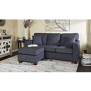 OSP Home Furnishings Russell Reversible Sectional Sofa with 2 Pillows and Coffee Finished Legs, Navy