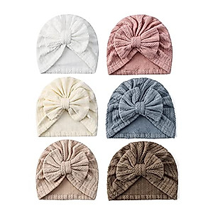 ZURLEFY 6 PCS Stretchy Baby Hats with Bows, Pink Baby Turban for Baby Girls, Newborn Headwraps, Baby Girls Caps, Infant Hat (17-2)