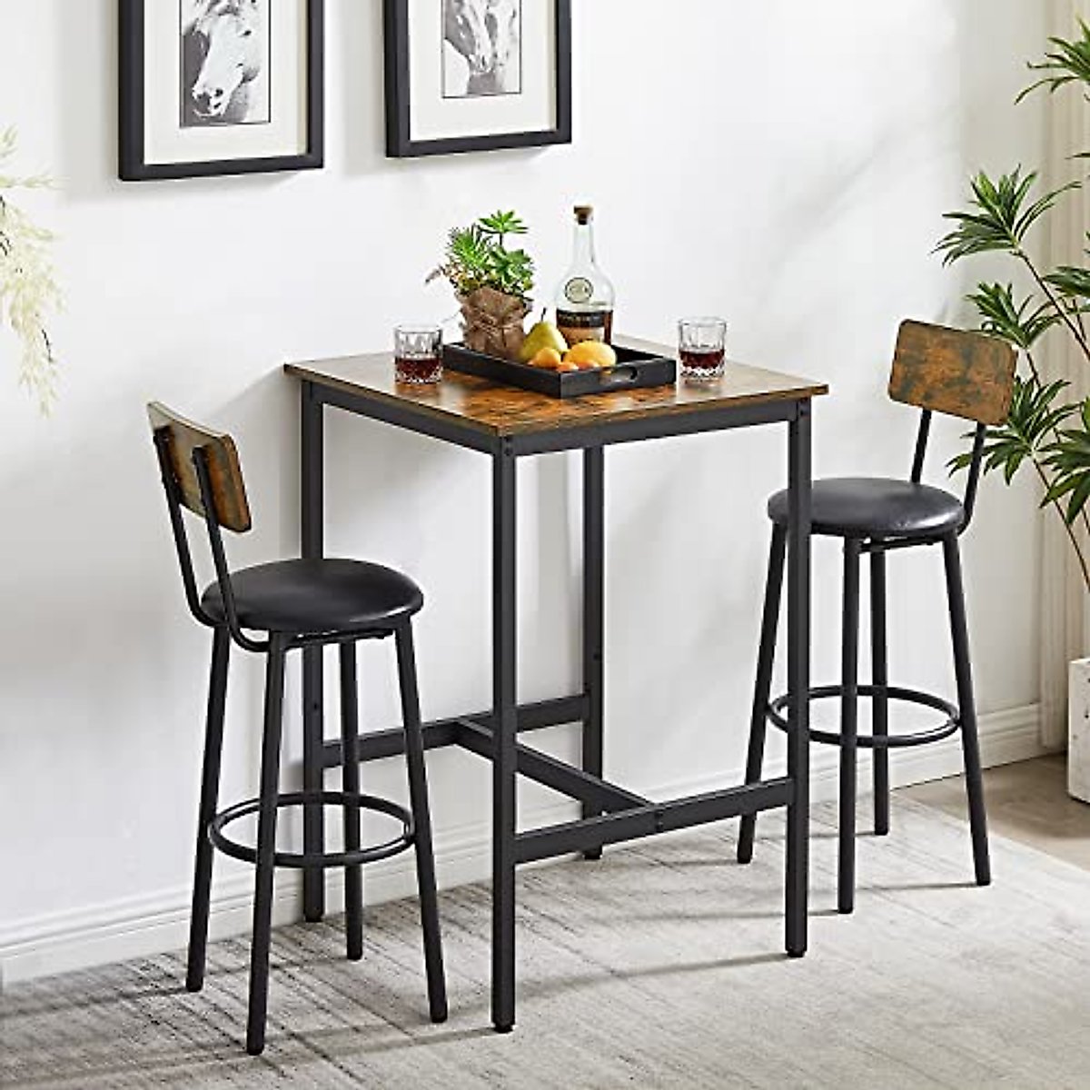 KIVENJAJA Bar Table and Chairs Set for 2, 3-Piece Small Square Pub Bistro Table and Upholstered Stools with Backrest, Counter Height Dining Table Set for Kitchen Small Space, Rustic Brown