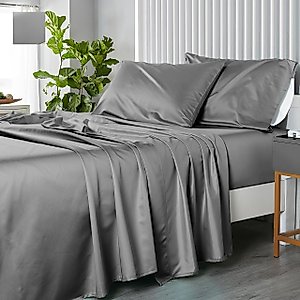 Royal Hotel Bedding Split-King: Adjustable King Bed Sheets, Solid Gray 600-Thread-Count 5pc Bed Sheet Set 100-Percent Cotton, Sateen Solid, Deep Pocket