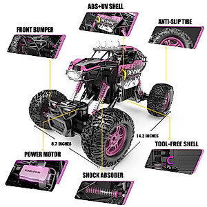 CROBOLL 1:12 Large RC Cars Toys for Boys Girls with Lifting Function, 4WD Remote Control Car Gifts for Kids 4X4 Off-Road RC Rock Crawler, 2.4GHz RC Truck with 2 Batteries 60Mins Play(Pink)