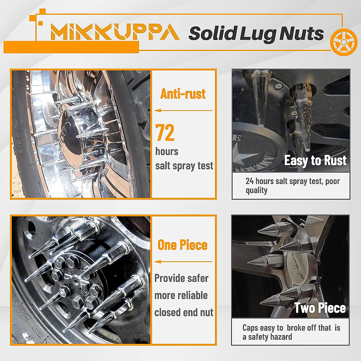 MIKKUPPA M14x1.5 Wheel Spike Lug Nuts, 32 PCS Chrome Spiked Lug Nuts 14mmx1.5 Solid 4.4" Tall Acorn Lug Nut with 1 Socket Key Replacement for Chevy Silverado 1500 2500 3500, F-150 F-250 F-350