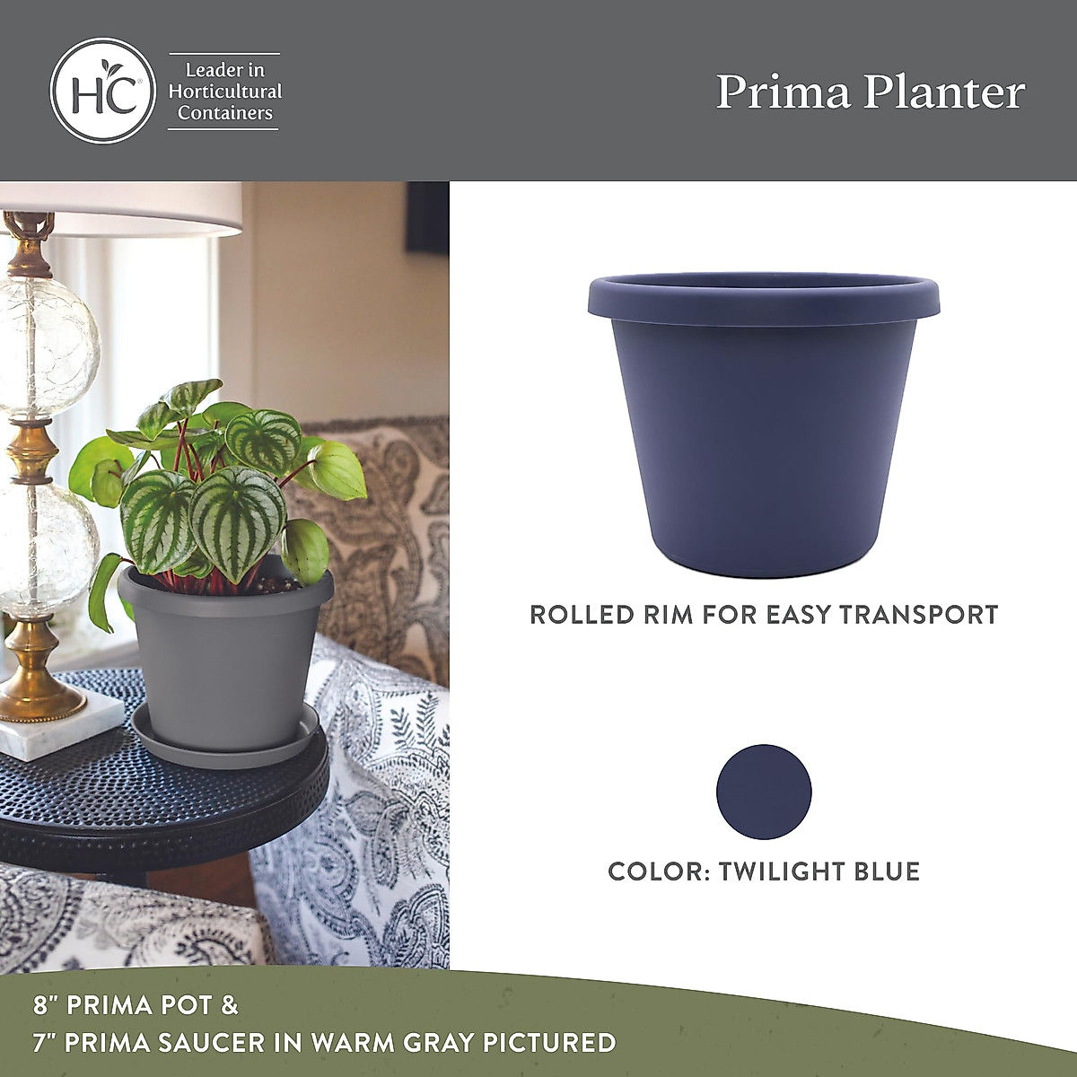 The HC Companies 10 Inch Round Prima Planter - Plastic Plant Pot with Rolled Rim for Indoor Outdoor Plants Flowers Herbs, Twilight Blue