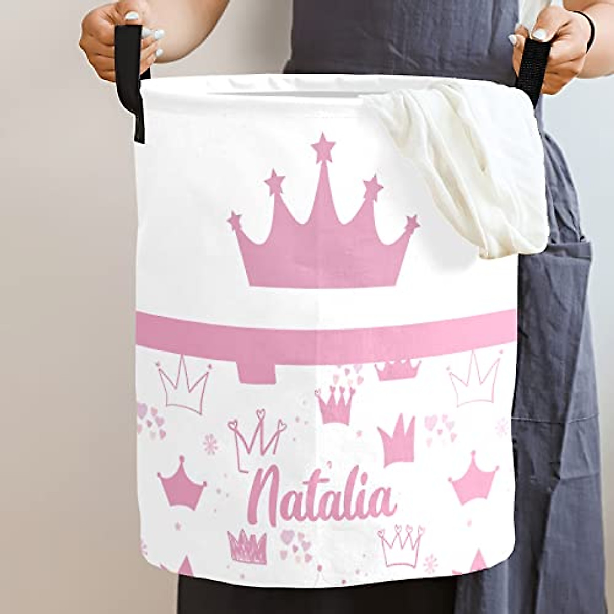 Yeshop Crown Pink Princess Personalized Laundry Basket Clothes Hamper with Handles Waterproof,Collapsible Laundry Storage Baskets for Bathroom,Bedroom Decorative 19.7inHx14.2inD