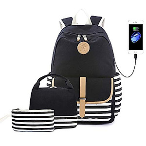 EZYCOK School Backpack for Teen Girls Women with USB Charging Port, Lightweight Canvas Backpack College Bookbag with Lunch Bag and Pencil Case, Black