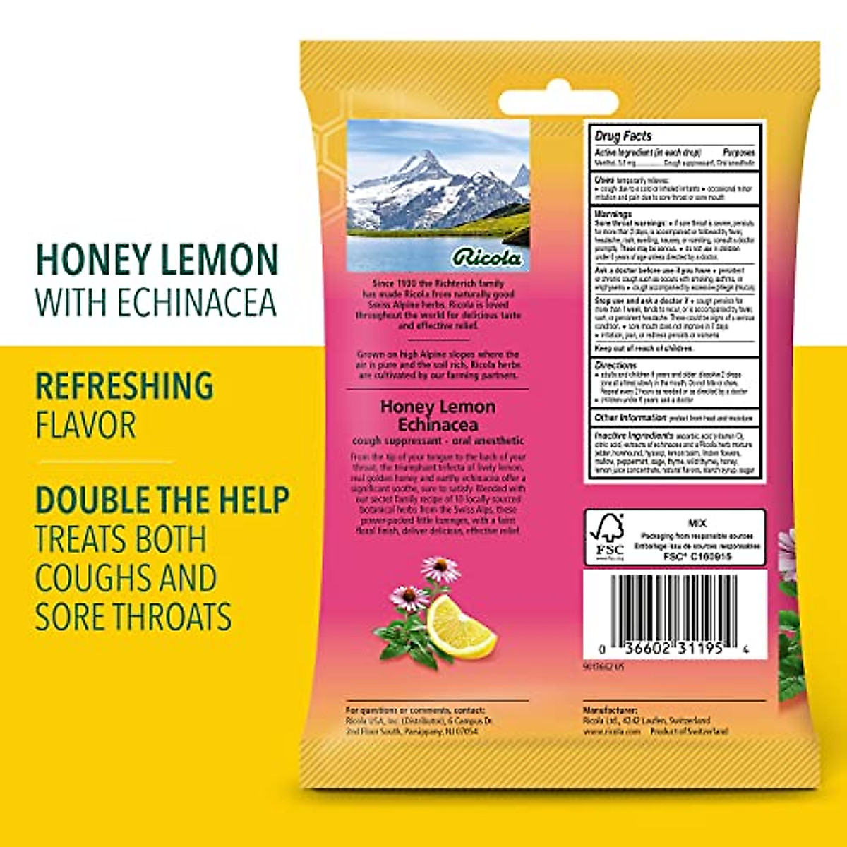 Ricola HoneyLemon with Echinacea Cough Suppressant Throat Drops, 19 Count (Pack of 1)