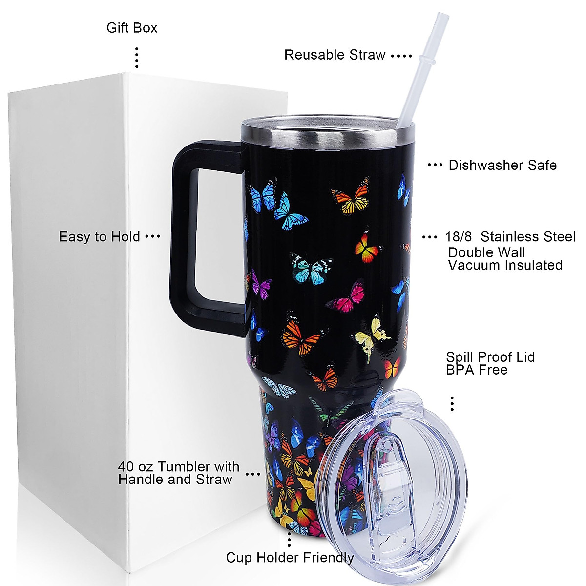PERRIFIC Butterfly Tumbler 40 oz Tumbler with Handle and Straw Lid Leak Proof - Butterfly Coffee Travel Mug with Handle Insulated for Hot and Cold Drink Ice - Mothers Day Birthday Gifts for Women Cup