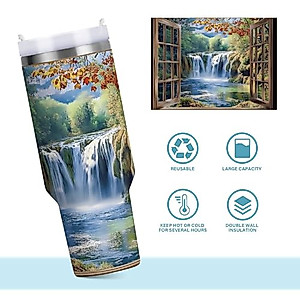 Jihqo Waterfall Forest Seen From Window 40 oz Stainless Steel Vacuum Insulated Tumbler with Handle and Straw Lid, Leakproof Water Bottle Double Wall Travel Mug Coffee Cup, Cupholder Friendly