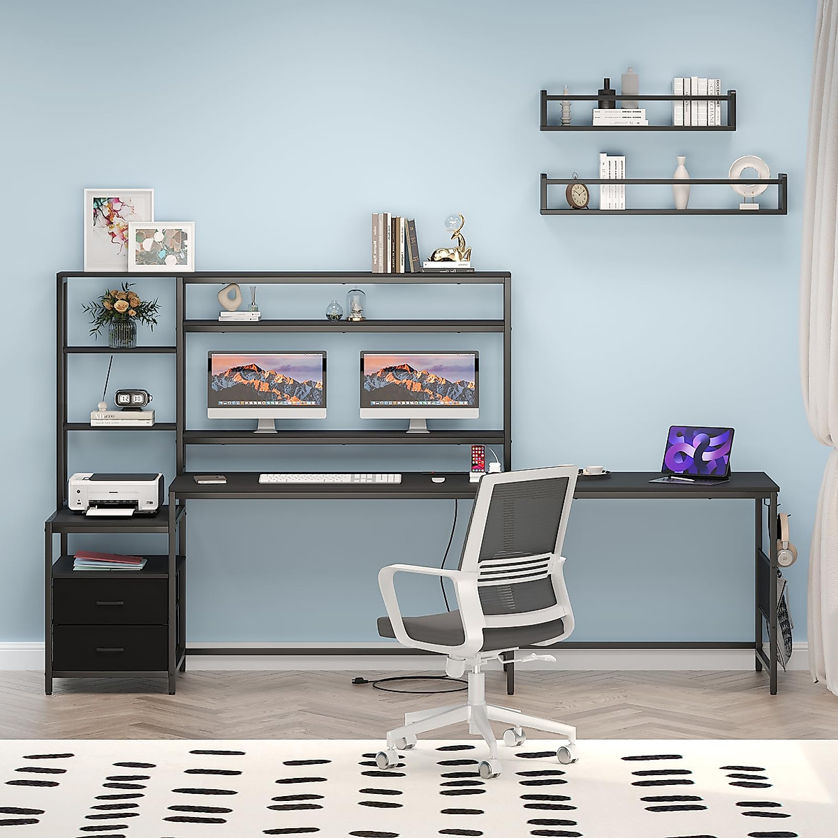 YOMILUVE L Shaped Desk with Drawers & Storage Shelves, Reversible Gaming Desk with Power Outlets, Corner Computer Desk with LED Lights & Hutch, Study Writing Workstation for Home Office (Black)