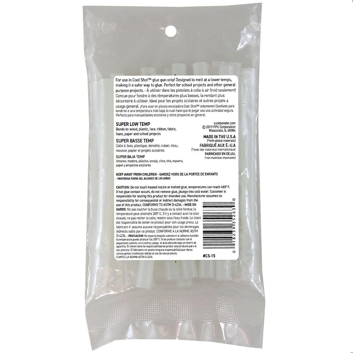 Surebonder CS15 CoolShot Low Temp Glue Sticks, 4", 15 per Pack (FPRCS15)