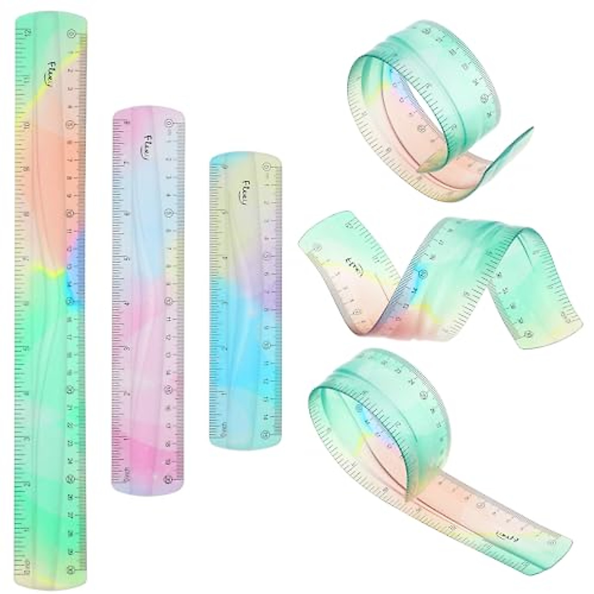 Amabro Rulers Set, 3PCS Flexible Ruler Straight Edge Ruler Transparent Rulers Bendable Plastic Ruler 12/8/6 Inch Dual Scale Rulers Soft Colorful Ruler for Office School Classroom Home Supplies